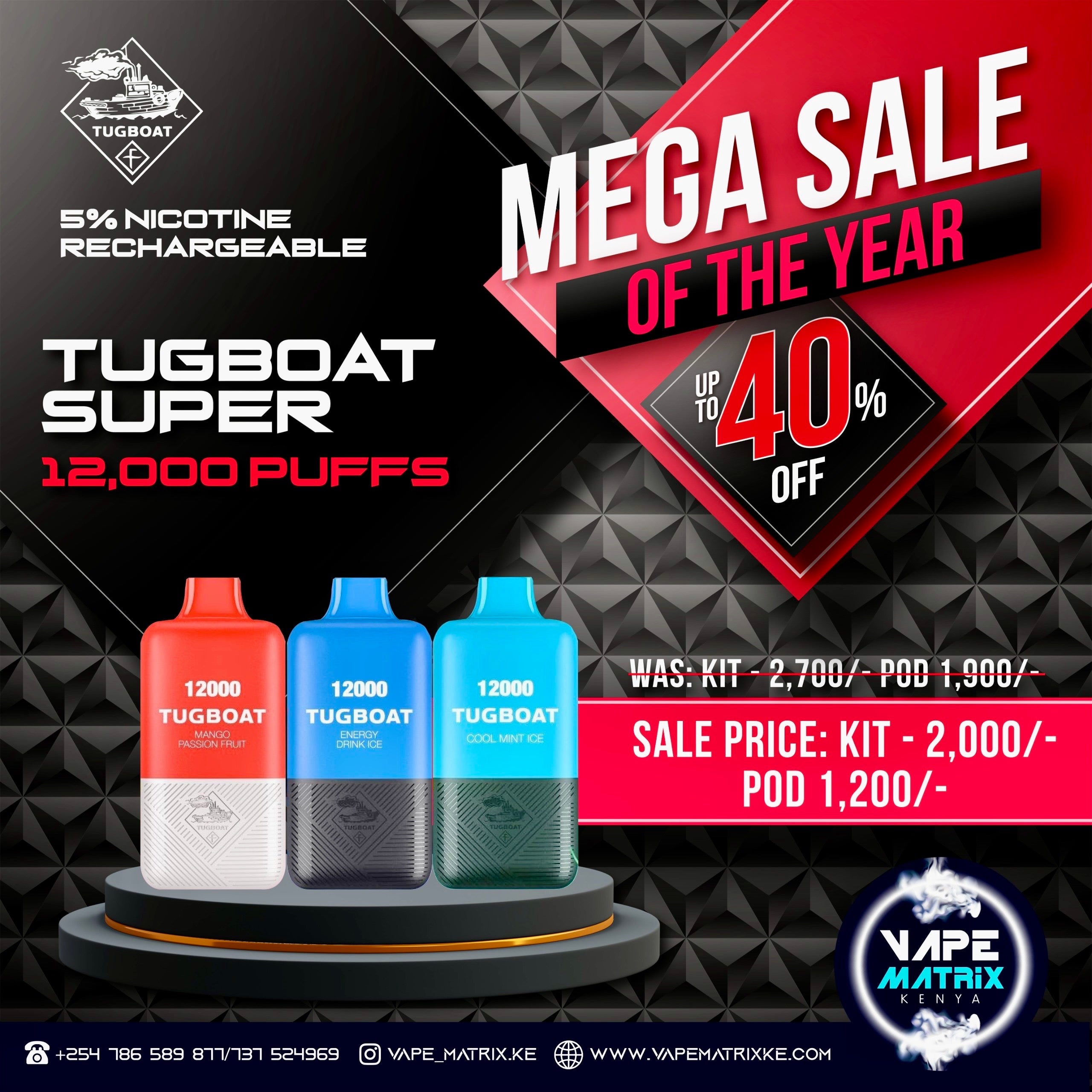 TUGBOAT SUPER KIT and POD 12 PUFFS 5%nic – Vape Matrix Kenya